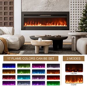 UMOMO 50 inch Electric Fireplace Recessed and Wall Mounted Electric Fireplace, Fireplace Heater and Linear Fireplace, with Timer, Remote Control, Adjustable 17 Flame Color, Logset/Crystal, 750w/1500w