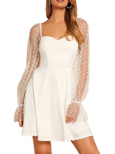 WDIRARA Women's Polka Dots Mesh Long Sleeve A Line Mini Flowy Wedding Guest Bridesmaid Dress White M