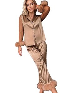 wdirara women's satin fuzzy trim mesh long sleeve button down pajamas pants set sleepwear mocha brown s