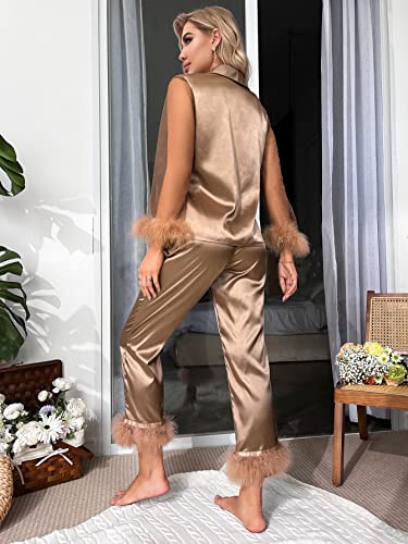 WDIRARA Women's Satin Fuzzy Trim Mesh Long Sleeve Button Down Pajamas Pants Set Sleepwear Mocha Brown S