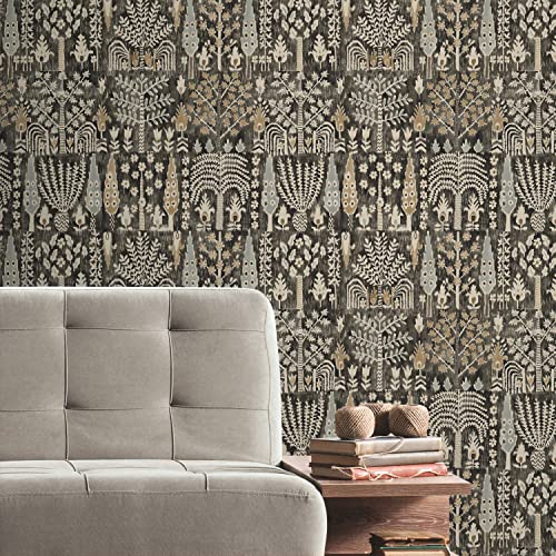 RoomMates RMK12371PL Persian Ikat Peel and Stick Wallpaper, Black, Taupe