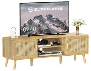 superjare boho tv stand for 55 inch tv, entertainment center with adjustable shelf, rattan tv console with 2 cabinets, media console, solid wood feet, 4 cord holes, for living room - natural