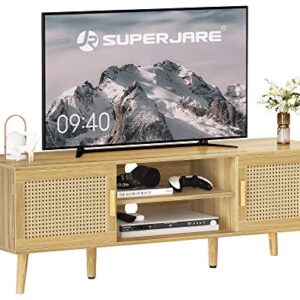 SUPERJARE Boho TV Stand for 55 Inch TV, Entertainment Center with Adjustable Shelf, Rattan TV Console with 2 Cabinets, Media Console, Solid Wood Feet, 4 Cord Holes, for Living Room - Natural