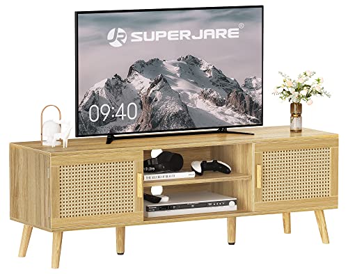 SUPERJARE Boho TV Stand for 55 Inch TV, Entertainment Center with Adjustable Shelf, Rattan TV Console with 2 Cabinets, Media Console, Solid Wood Feet, 4 Cord Holes, for Living Room - Natural