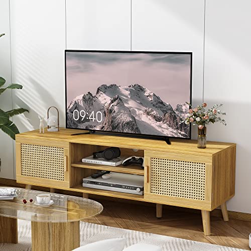 SUPERJARE Boho TV Stand for 55 Inch TV, Entertainment Center with Adjustable Shelf, Rattan TV Console with 2 Cabinets, Media Console, Solid Wood Feet, 4 Cord Holes, for Living Room - Natural