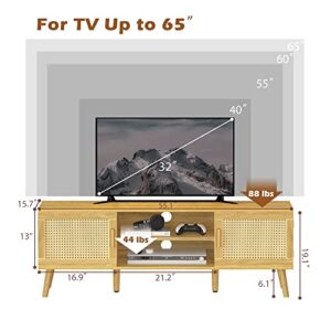 SUPERJARE Boho TV Stand for 55 Inch TV, Entertainment Center with Adjustable Shelf, Rattan TV Console with 2 Cabinets, Media Console, Solid Wood Feet, 4 Cord Holes, for Living Room - Natural