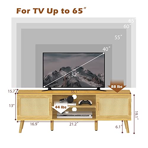 SUPERJARE Boho TV Stand for 55 Inch TV, Entertainment Center with Adjustable Shelf, Rattan TV Console with 2 Cabinets, Media Console, Solid Wood Feet, 4 Cord Holes, for Living Room - Natural