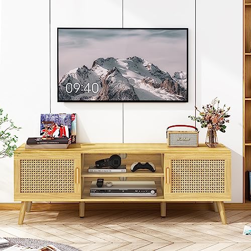 SUPERJARE Boho TV Stand for 55 Inch TV, Entertainment Center with Adjustable Shelf, Rattan TV Console with 2 Cabinets, Media Console, Solid Wood Feet, 4 Cord Holes, for Living Room - Natural