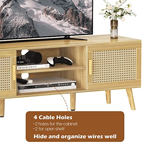 SUPERJARE Boho TV Stand for 55 Inch TV, Entertainment Center with Adjustable Shelf, Rattan TV Console with 2 Cabinets, Media Console, Solid Wood Feet, 4 Cord Holes, for Living Room - Natural