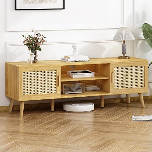 SUPERJARE Boho TV Stand for 55 Inch TV, Entertainment Center with Adjustable Shelf, Rattan TV Console with 2 Cabinets, Media Console, Solid Wood Feet, 4 Cord Holes, for Living Room - Natural