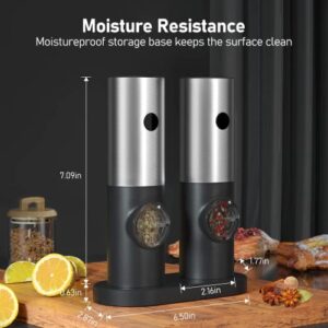 Electric Salt and Pepper Grinder Set, EAGMAK Battery Powered Automatic 70ml Pepper Mill Grinders, Stainless Steel Electronic Mill Shakers with Adjustable Coarseness, LED Light & Storage Base (2 Pack)