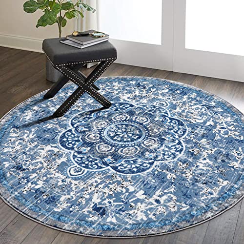 HEBE Boho Round Area Rug 4Ft Non Slip Washable Rug for Living Room Bedroom Vintage Distressed Medallion Round Rug Soft Circle Rug Throw Carpet for Dining Room Bathroom Nursery