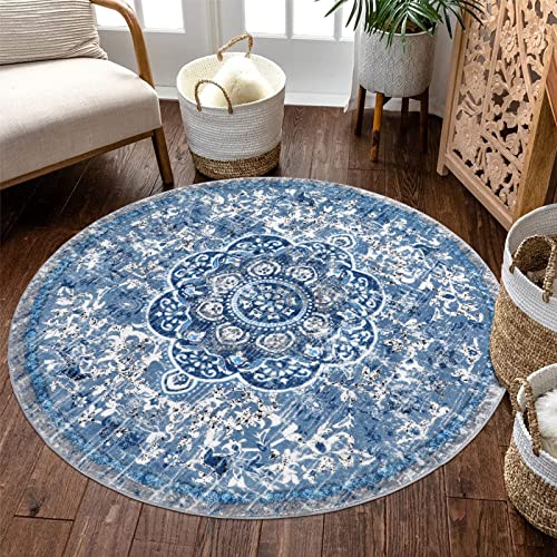 HEBE Boho Round Area Rug 4Ft Non Slip Washable Rug for Living Room Bedroom Vintage Distressed Medallion Round Rug Soft Circle Rug Throw Carpet for Dining Room Bathroom Nursery