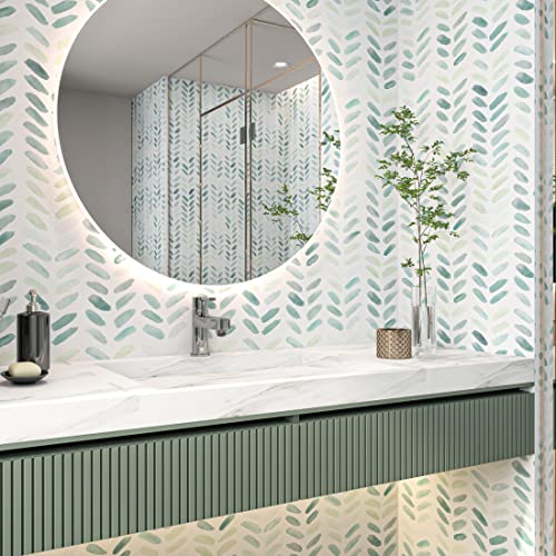 Green and White Wallpaper Peel and Stick Wallpaper Boho Contact Paper for Cabinets Leaf Wallpaper for Bedroom Self-Adhesive Removable Wallpaper Herringbone Wallpaper Drawer Kids Wallpaper 17.3“×78.8”