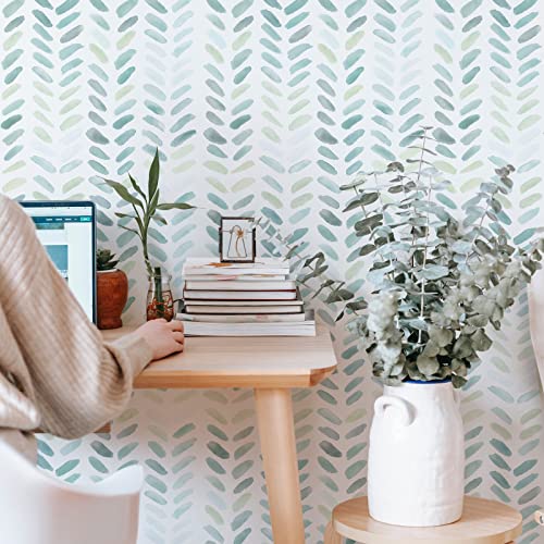 Green and White Wallpaper Peel and Stick Wallpaper Boho Contact Paper for Cabinets Leaf Wallpaper for Bedroom Self-Adhesive Removable Wallpaper Herringbone Wallpaper Drawer Kids Wallpaper 17.3“×78.8”