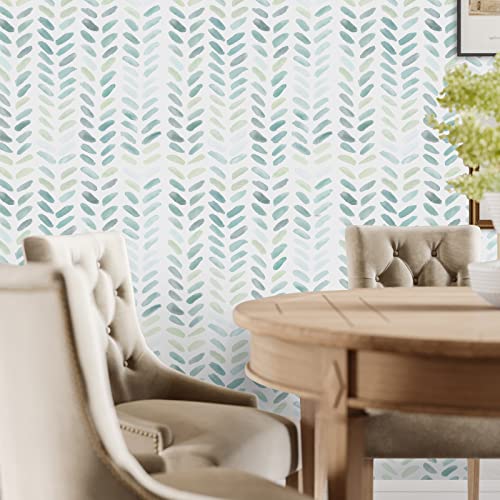 Green and White Wallpaper Peel and Stick Wallpaper Boho Contact Paper for Cabinets Leaf Wallpaper for Bedroom Self-Adhesive Removable Wallpaper Herringbone Wallpaper Drawer Kids Wallpaper 17.3“×78.8”