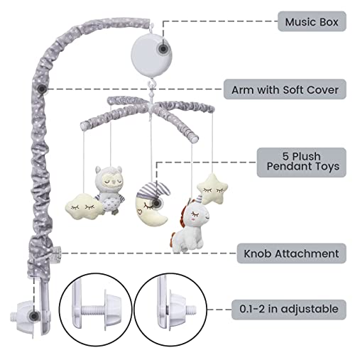 Baby Crib Mobile, Nursery Mobile for Crib with Music Motor Spinner, Musical Crib Toys for Infants 0-6 Months Girls and Boys, Crib Mount Mobiles with 36 lullabies, Gray