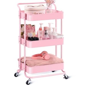 toolf 3 tier metal rolling cart, utility cart with handle, multifunction storage cart with lockable wheels, serving organizer trolley with mesh basket for kitchen, bathroom, office