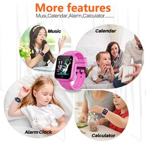 Retysaz Kids Game Smart Watch 24 Game Pedometer 2 HD Cameras Smartwatches for Children 3-14 Great Gifts to Girls Boys Electronic Learning Toys (Pink-A1)