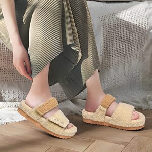 ONCAI Womens Open Toe Platform Slippers,Fluffy Arch Support Sherpa Slides,Faux Fur Sandals with Memory Foam Footbed and Adjustable Strap Beige US Size 9