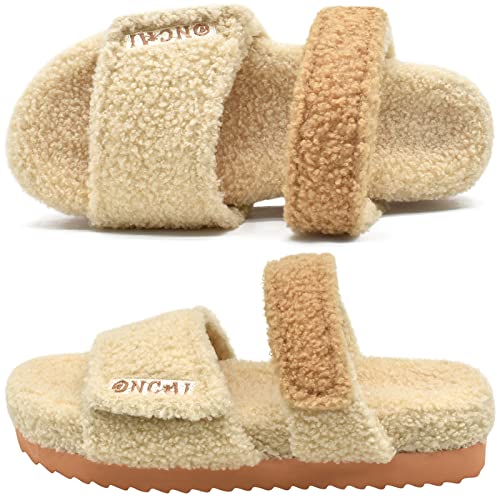 ONCAI Womens Open Toe Platform Slippers,Fluffy Arch Support Sherpa Slides,Faux Fur Sandals with Memory Foam Footbed and Adjustable Strap Beige US Size 9