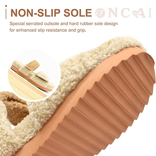 ONCAI Womens Open Toe Platform Slippers,Fluffy Arch Support Sherpa Slides,Faux Fur Sandals with Memory Foam Footbed and Adjustable Strap Beige US Size 9