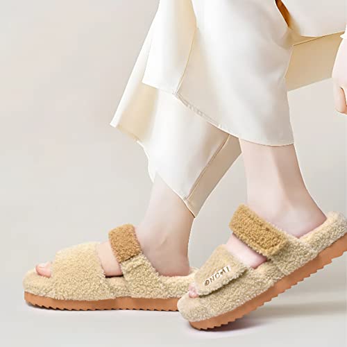 ONCAI Womens Open Toe Platform Slippers,Fluffy Arch Support Sherpa Slides,Faux Fur Sandals with Memory Foam Footbed and Adjustable Strap Beige US Size 9