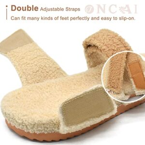 ONCAI Womens Open Toe Platform Slippers,Fluffy Arch Support Sherpa Slides,Faux Fur Sandals with Memory Foam Footbed and Adjustable Strap Beige US Size 9