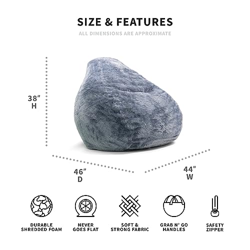 Big Joe Lotus Foam Filled Teardrop Bean Bag Chair with Removable Cover, Stone Short Shag, Soft Faux Fur, 4 feet Big