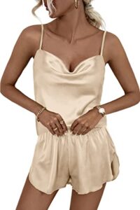 chyrii satin pajamas for women sexy silk cowl neck cami shorts pj sets lingerie nightwear ivory l