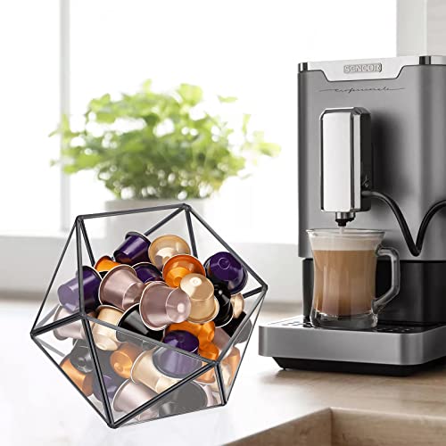 ELLDOO Black Glass Coffee Pods Holder, 15 Sided Geometric Box Coffee Pod Organizer for K Cup Espresso, Tea Bags Sugar Packets Coffee Capsule Storage Holder for Kitchen Coffee Bar Office Desktop Counter