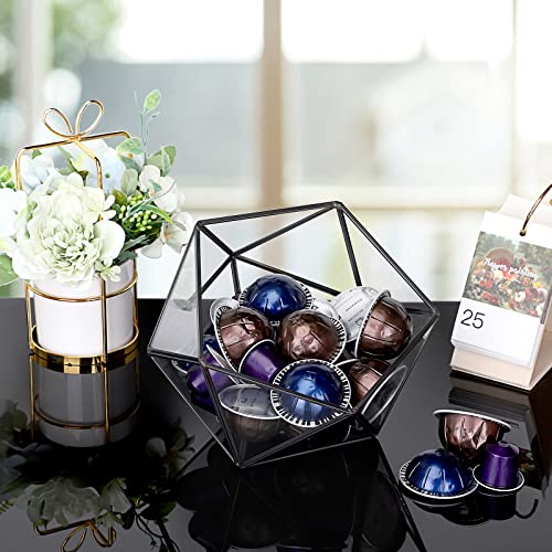 ELLDOO Black Glass Coffee Pods Holder, 15 Sided Geometric Box Coffee Pod Organizer for K Cup Espresso, Tea Bags Sugar Packets Coffee Capsule Storage Holder for Kitchen Coffee Bar Office Desktop Counter