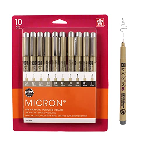 SAKURA Pigma Micron Fineliner Pens - Archival Black and Gray Ink Pens - Pens for Writing, Drawing, or Journaling - Assorted Point Sizes - 10 Pack