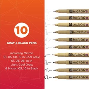 SAKURA Pigma Micron Fineliner Pens - Archival Black and Gray Ink Pens - Pens for Writing, Drawing, or Journaling - Assorted Point Sizes - 10 Pack