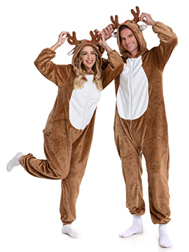 HSCTEK Reindeer Onesie Adult, Christmas Onesie Pajamas Women Men, Family Deer Costume Teen XX-Large