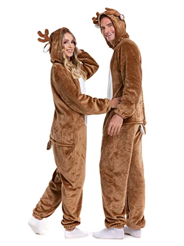 HSCTEK Reindeer Onesie Adult, Christmas Onesie Pajamas Women Men, Family Deer Costume Teen XX-Large