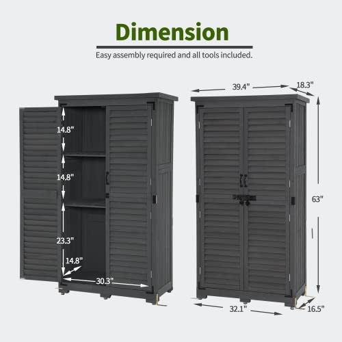 MCombo Outdoor Storage Cabinet, Garden Storage Shed, Outside Vertical Shed with Lockers, Outdoor 63 Inches Wood Tall Shed for Yard and Patio 0870 (Grey)