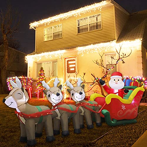 MorTime 9.5 FT Christmas Inflatable Santa Claus on Sleigh Pulled by Three Reindeers with Gift Boxes, Blow up Lighted Yard Decor for Outdoor Decorations