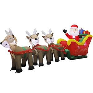 MorTime 9.5 FT Christmas Inflatable Santa Claus on Sleigh Pulled by Three Reindeers with Gift Boxes, Blow up Lighted Yard Decor for Outdoor Decorations