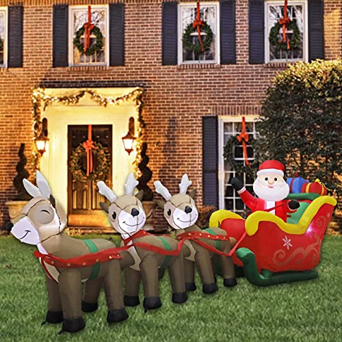 MorTime 9.5 FT Christmas Inflatable Santa Claus on Sleigh Pulled by Three Reindeers with Gift Boxes, Blow up Lighted Yard Decor for Outdoor Decorations