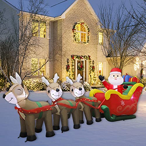 MorTime 9.5 FT Christmas Inflatable Santa Claus on Sleigh Pulled by Three Reindeers with Gift Boxes, Blow up Lighted Yard Decor for Outdoor Decorations