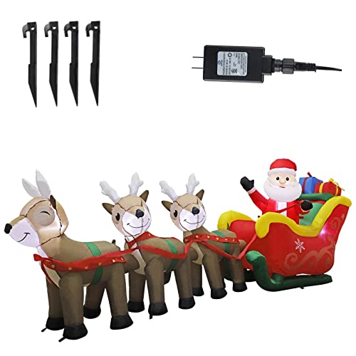 MorTime 9.5 FT Christmas Inflatable Santa Claus on Sleigh Pulled by Three Reindeers with Gift Boxes, Blow up Lighted Yard Decor for Outdoor Decorations