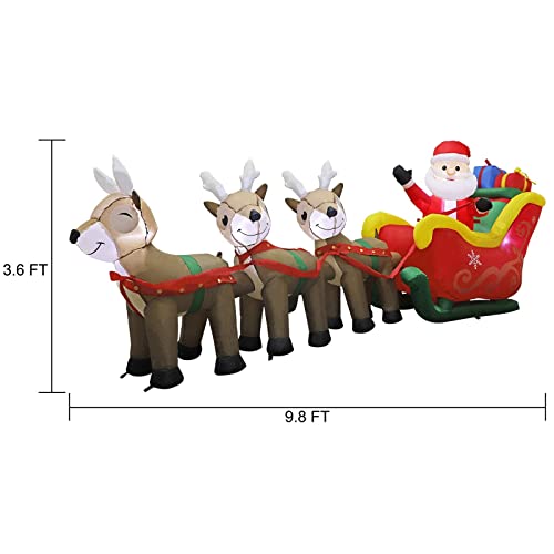 MorTime 9.5 FT Christmas Inflatable Santa Claus on Sleigh Pulled by Three Reindeers with Gift Boxes, Blow up Lighted Yard Decor for Outdoor Decorations