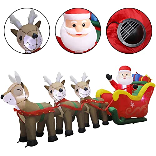 MorTime 9.5 FT Christmas Inflatable Santa Claus on Sleigh Pulled by Three Reindeers with Gift Boxes, Blow up Lighted Yard Decor for Outdoor Decorations