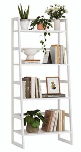 linstock white bookshelf, 4-tier bamboo bookcase ladder bookshelf organizer, storage rack, bookcases & tall ladder shelf-bamboo frame for bedroom, living room, kitchen, bathroom, easy assembly(white)