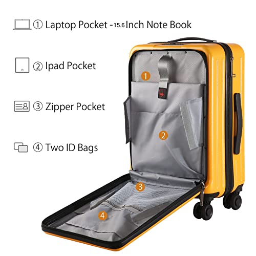 TydeCkare 20 Inch Carry On with Front Pocket, 22x14.6x10in, 45L, Lightweight ABS+PC Hardshell Suitcase with TSA Lock, YKK Zipper & 4 Spinner Silent Wheels, Orange