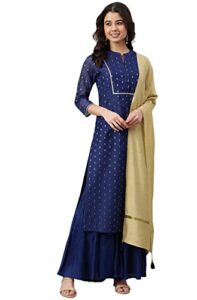 janasya women's dark blue chanderi silk woven kurta with sharara and dupatta(set472-kr-sha-s)