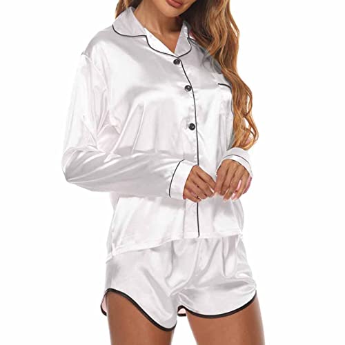 FAVIPT Lounge Sets For Women Silk Satin Pajama Set Plus Size Long Sleeve Button Sleep Shirt And Shorts Soft Sleepwear White