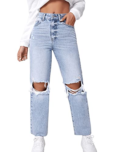 SweatyRocks Women's High Waist Ripped Distressed Cropped Jeans Straight Leg Denim Pants Light Wash L