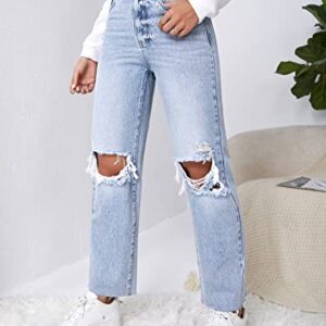 SweatyRocks Women's High Waist Ripped Distressed Cropped Jeans Straight Leg Denim Pants Light Wash L